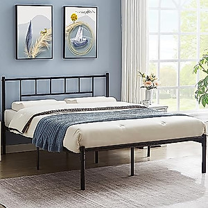 VECELO Queen Bed Frame, 14 Inch Metal Platform with Headboard, Heavy Duty Steel Slat Support, No Box Spring Needed, Easy Assembly