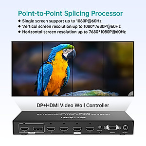 MT-VIKI 4K@60Hz HDMI+DP Video Wall Controller 2X2, Support 90°/ 180° /270° Rotate, Support Resolution UP to 4K@60Hz for 2X2 Mode, 8K@60Hz for 1X4 Mode (2 Input 4 Output)