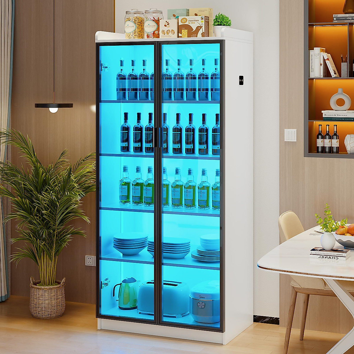 Lvifur Tall Storage Cabinet up to 70", LED Kitchen Pantry Cabinet with Human Body Induction, 5 Tier Bookcase Display Cabinet with Adjustable Shelves for Living Room Office (White)