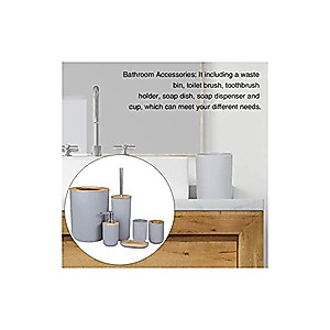 Laipi Bamboo Wooden Bathroom Accessories Set, 6 cs Gift Set Toilet Brush, Soap Dispenser, Waste Bin, Toothbrush Holder, Soap Dish Cup Set