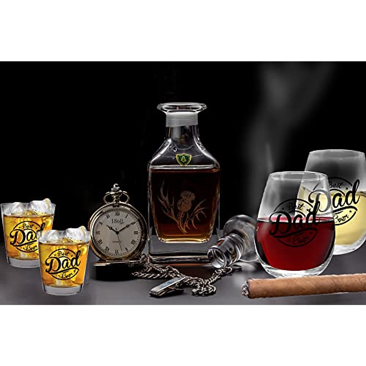 BISYATA Best Dad - Wine Glasses & Shot Glasses Gift Set - Best Dad Ever - Unique Novelty Gift for Fathers Day, Birthday. Two-11oz Wine Glasses and Two-2oz Shot Glasses - With Gift Box