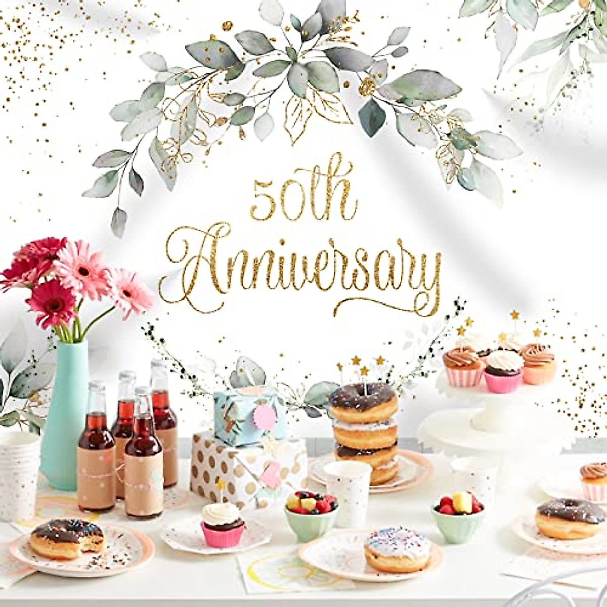 Rsuuinu Happy 50th Anniversary Backdrop Greenery Cheers to Wedding Anniversary Bridal Shower Miss to Mrs Photography Background Party Decorations Banner Supplies Favors Photo Booth Props 7x5ft