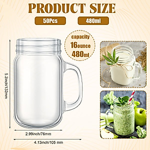 Dandat 50 Pcs 16 oz Glass Mason Drinking Jars Bulk with Handle Mason Jar Cups Mugs No Lids Clear Canning Jars with Handles for Farmhouse Kitchen Beer Cold Beverages Juice Coffee Sodas Cocktails Shakes