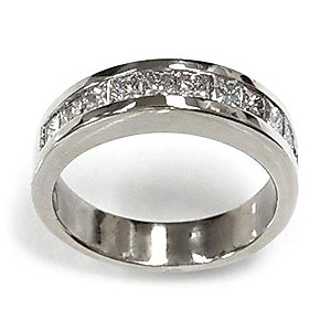 Solid 14k White Gold 1 ctw Natural Princess Cut Diamond Channel Set Stackable Wedding Band Ring for Women or Men 4.5 mm - Handmade in USA - April Birthstone