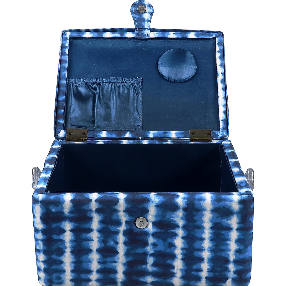 SINGER Large Sewing Basket with Notions & Matching Pin Cushion | Sewing Kit & Storage with Scissors, Tape Measure, Thread, & More (Blue Tie Dye)