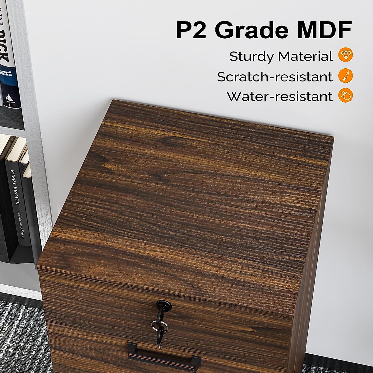 VINGLI 2 Drawer File Cabinet with Lock, Wood Dark Brown File Cabinet for Letter Size File Folders with Tabs, Under Desk Rolling File Cabinets for Home Office, Mobile Filing Cabinet Printer Stand