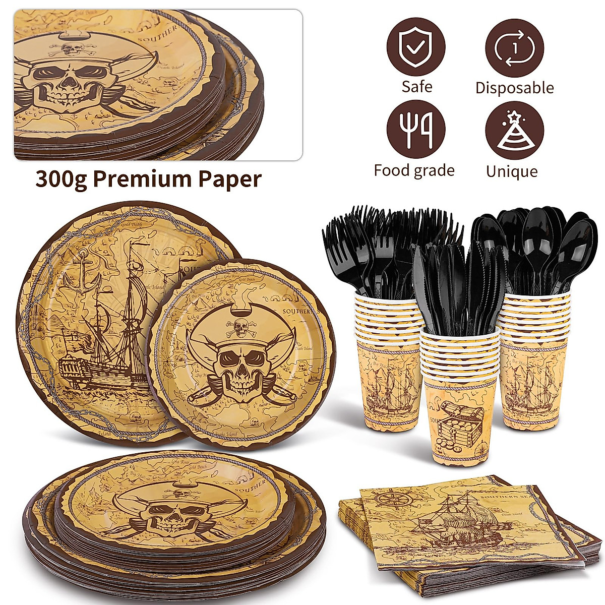 Durony 169-Piece Pirate Tableware Set - Pirate & Treasure Theme Birthday Party Supplies - Plastic Tablecloth, Plates, Napkins, Cups & Favors - Treasure Map Decors