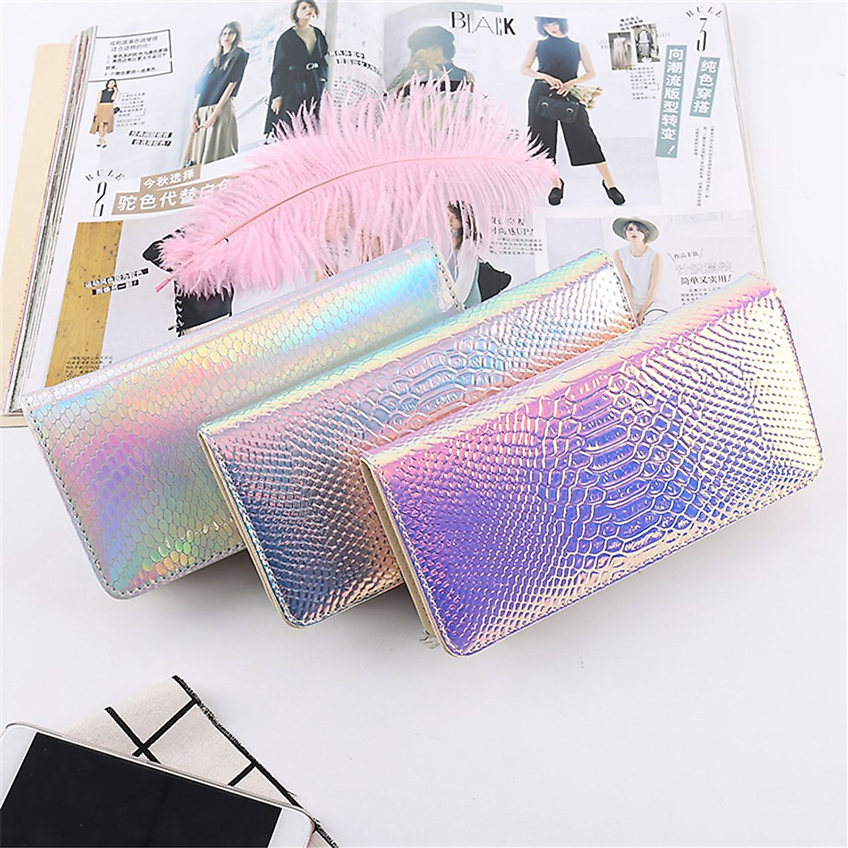 YAIRYANGTZE Holographic Wallet Clutch - Iridescent Purse Long Wallet with Zipper for Women (Silver)