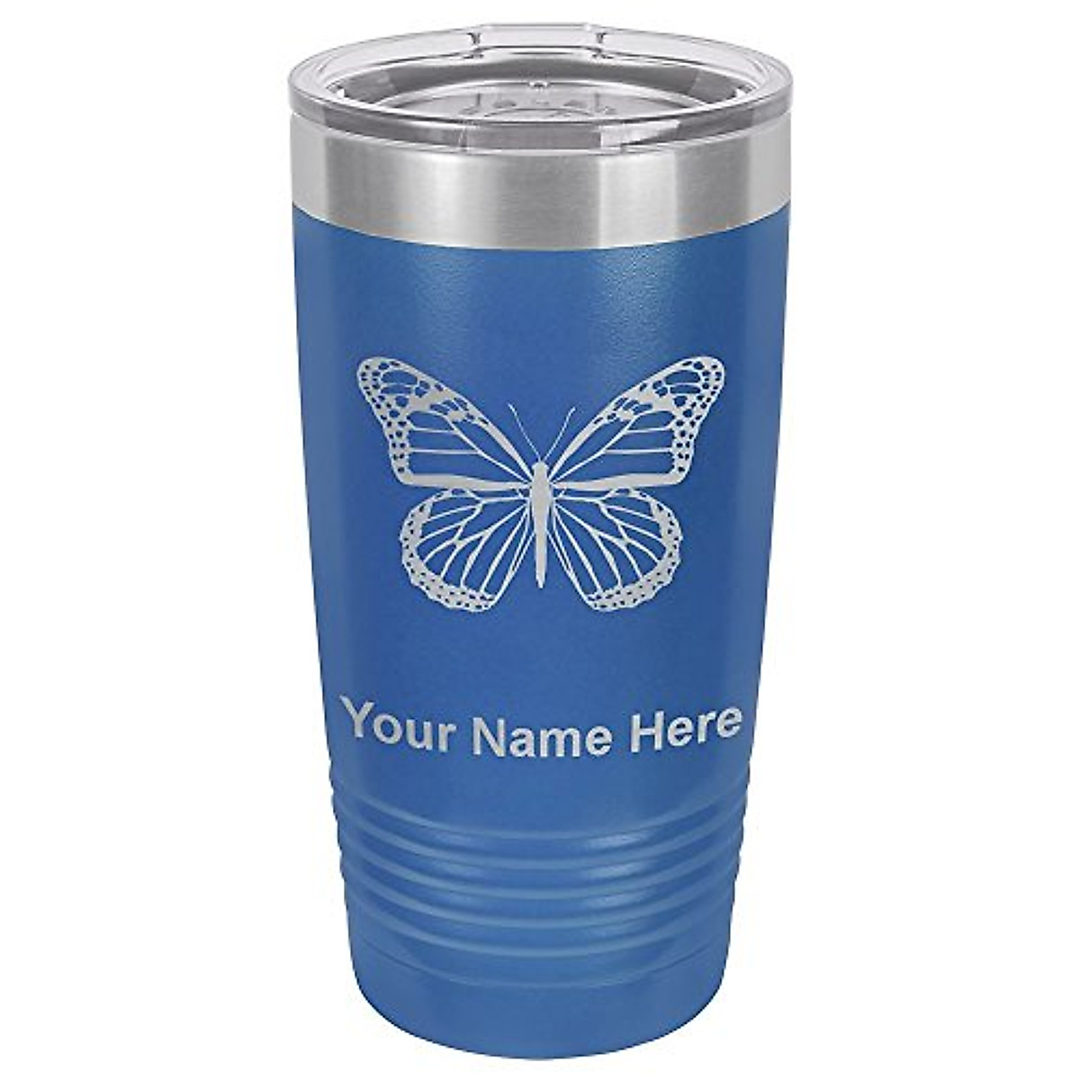 LaserGram 20oz Vacuum Insulated Tumbler Mug, Monarch Butterfly, Personalized Engraving Included (Dark Blue)