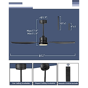 YOUKAIN 52 Inch Indoor/Outdoor Modern Ceiling Fan with Lights and Remote Control, Reversible Blades, for Living room, Bedroom, Bathroom, Matte Black, 52-YJ359-BK