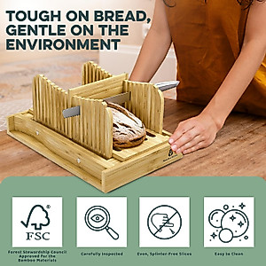 Mama Bear Kitchens Bamboo Bread Slicer with Knife - Adjustable & Durable Bread Loaf Slicer with Crumb Tray & Foldable Bread Cutter Guide - Easy to Clean & Store Bread Slicer for Homemade Bread