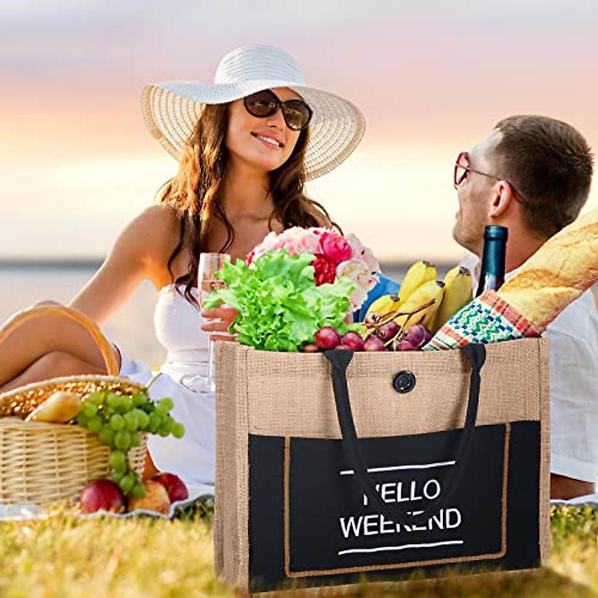 12 Pcs Jute Beach Tote for Women Weekend Tote Bag Natural Burlap Shopping Bags with Handles Reusable Flax Grocery Bags Large Creative Jute Gift Bags for Bridesmaid Wedding Shopping Beach