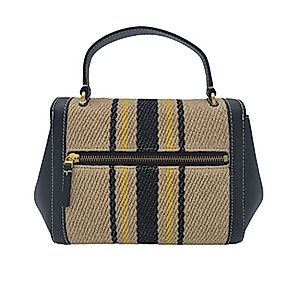 Tory Burch 136228 Juliette French Linen Natural Tan Khaki/Black With Gold Hardware Women's Top Handle Satchel Bag