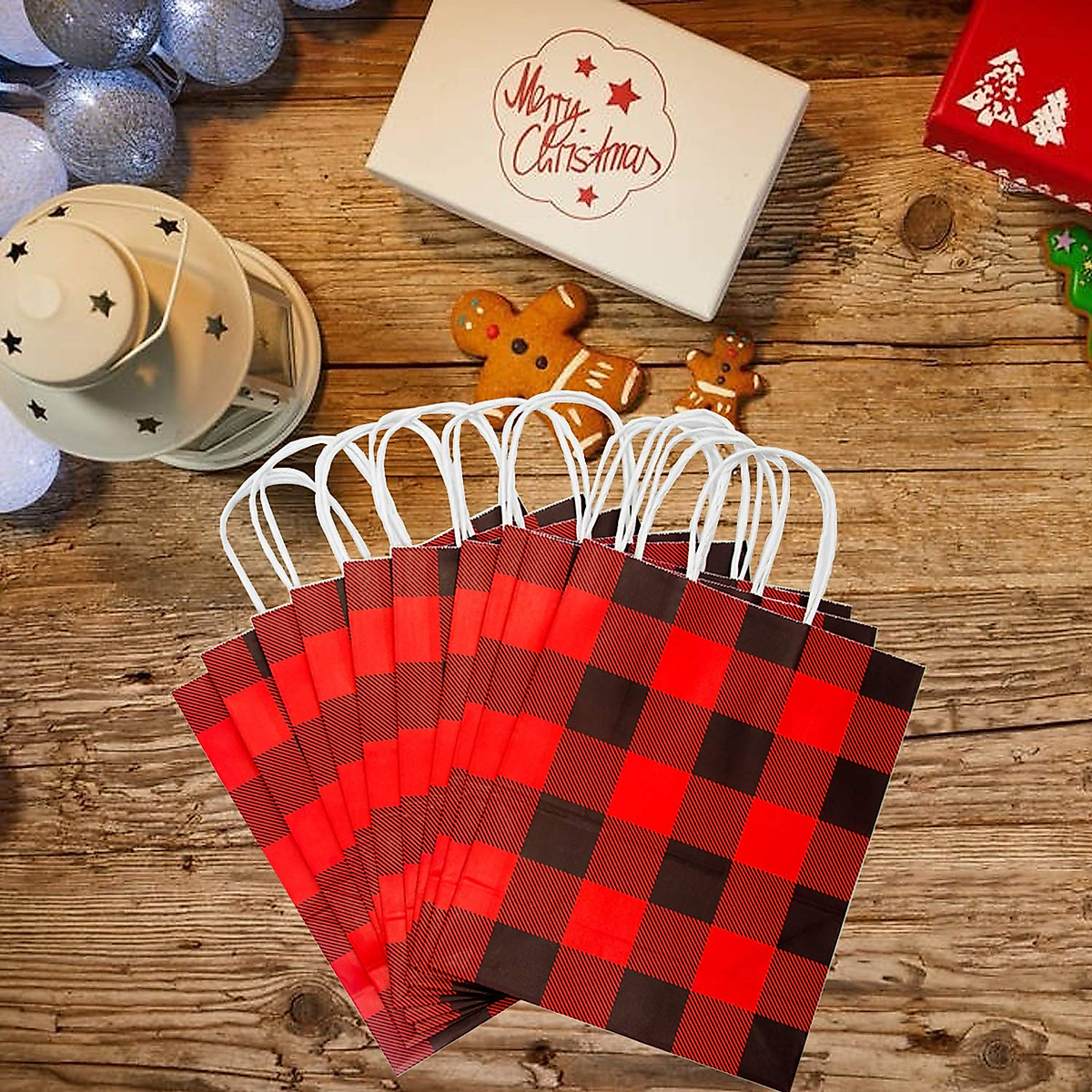 Iceyyyy 10Pieces Black and White Buffalo Plaid Kraft Bags Paper Gift Bag with Handle for Valentine's Day, Mother's Day, Halloween, Thanksgiving, Christmas, Party, Wedding Gift
