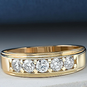 10k Yellow Gold 1 Ct T.W. Round-Cut Five Stone Elegant Diamond Wedding Band Ring for Him Anniversary High Polished Band