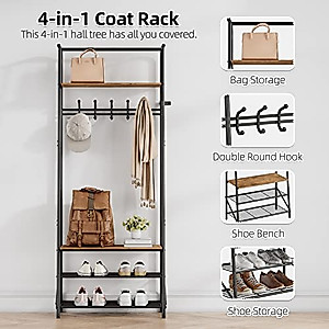 IDEALHOUSE Coat Rack Shoe Bench with 5 Hooks, Hall Trees Entryway Bench with Storage, Multifunctional Hallway Organizer, Wood Look Accent Furniture with Metal Frame for Entryway, Living Room, Bedroom