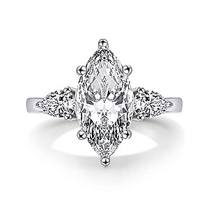 AINUOSHI Rhodium Plated 925 Sterling Silver Marquise Solitaire Cubic Zirconia CZ 3-Stone Anniversary Engagement Wedding Ring (6.5)