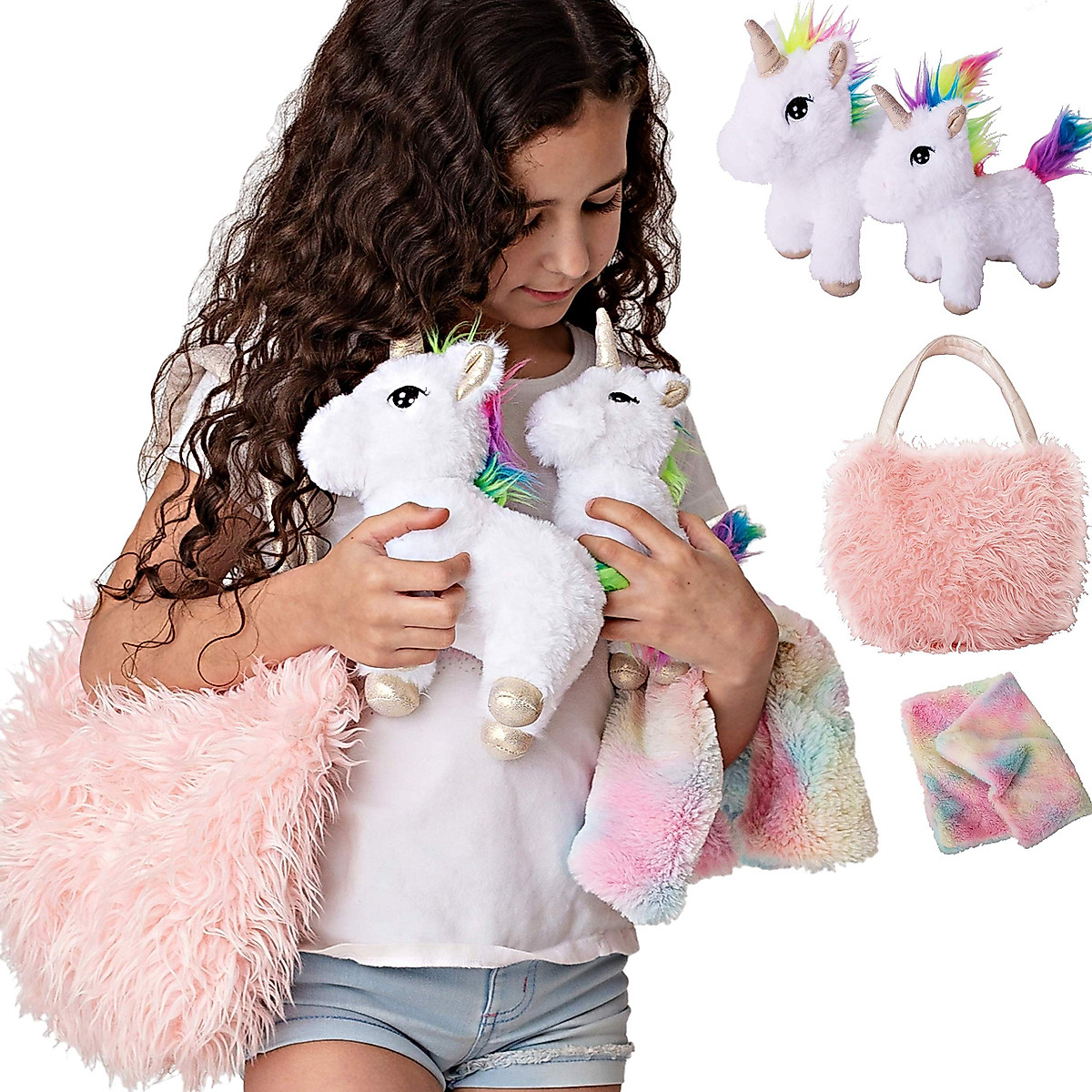Perfectto Bundle: 2 Stuffed Animal Play Sets for Girls. Unicorn Baby Mommy Bag and Blanket Plus Bunny Mommy, 2 Baby Rabbit Toys, Bag and Doll Blanket. Plush Gift Age 3-8