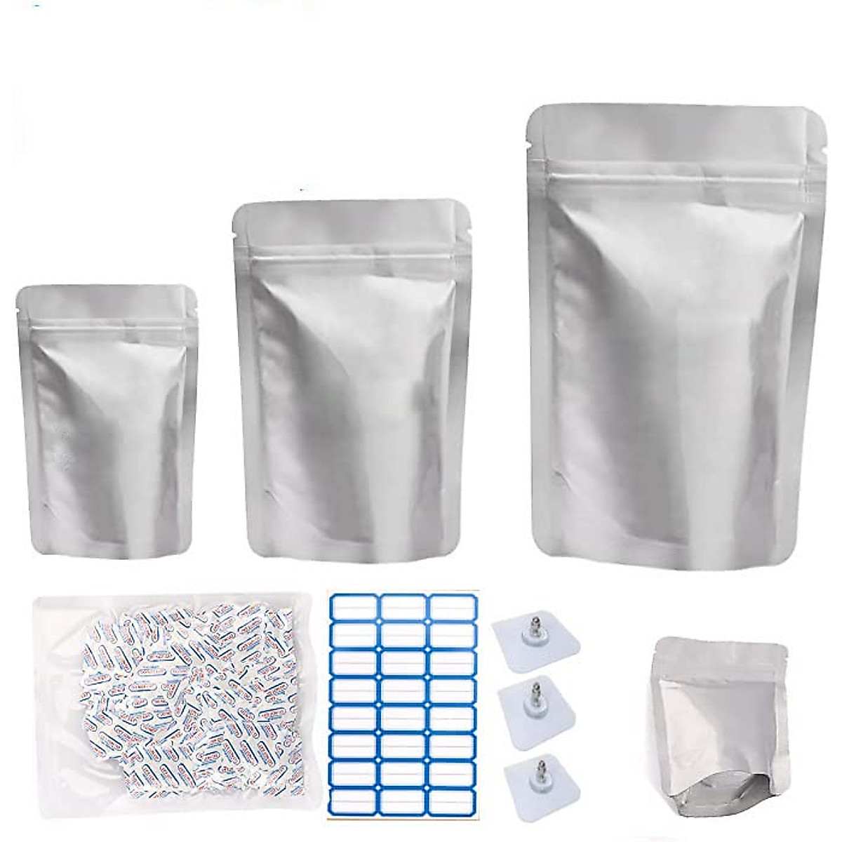60 Mylar Bags for Food Storage with Oxygen Absorbers , 8 Mil 1Gallon 10.2"x13.8", 8.2"x12", 5.9"x8.5", 4.3"x6.3" Stand-Up Zipper Resealable Bags & Heat Sealable Food Storage Bags + Labels+hook up