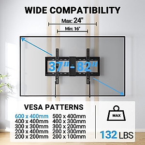 PERLESMITH Fixed TV Wall Mount Bracket for 32-82 Inch LED, LCD, and OLED Flat Screen TVs - Fits 16”- 24” Wood Studs, Fixed TV Mount with VESA 600 x 400mm Holds up to 132 lbs, PSLLK1
