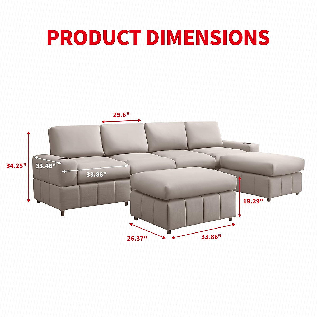 MUZZ Sectional Sofa with 2 Movable Ottomans, Leathaire U Shaped Couches with Cup Holder, 6 Seater Convertible Sectional Couch for Living Room (Beige)