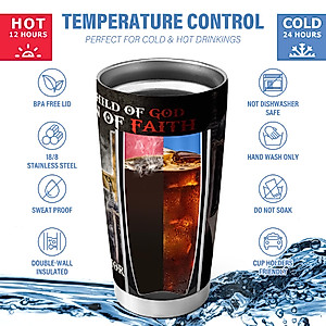 Equoza Birthday Spiritual Gift for Christian Men,A Child of God A Man of Faith,20oz Insulated Tumbler Cup Coffee Mug with Lid（Pack of 1）