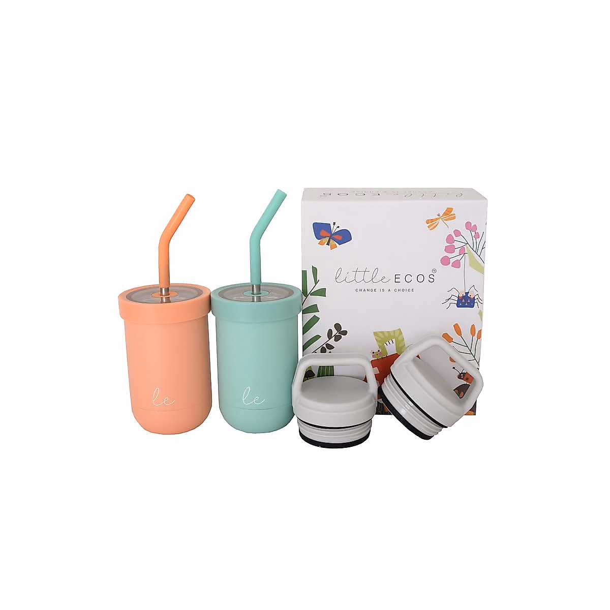 Double walled Insulated Smoothie cups for kids | Toddler Cups with Straws | Set of 2 Straw Sippy Cup | Stainless steel baby cup with Thermos Lid for Hot Storage | Kids Straw Cups