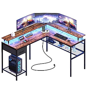 Huuger L Shaped Desk Computer Desk with LED Lights & Power Outlets, Gaming Desk with Storage Shelves, Corner Desk Home Office Desk, Rustic Brown