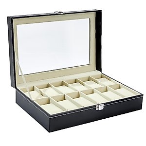 Ohuhu Watch Case, 12 Slot PU Leather Real Glass Lid, Watch Box Watch Holder Organizer Display Storage Box Soft Velvet Jewelry Box for Men and Women Birthday