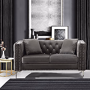 mikibama Velvet Loveseat with Jeweled Buttons and Square Arms 59 Inch Tufted Sofa with Trimmed Nailhead and Metal Legs Loveseat Couch with 2 Pillows for Living Room, Bedroom and Office (Gray)