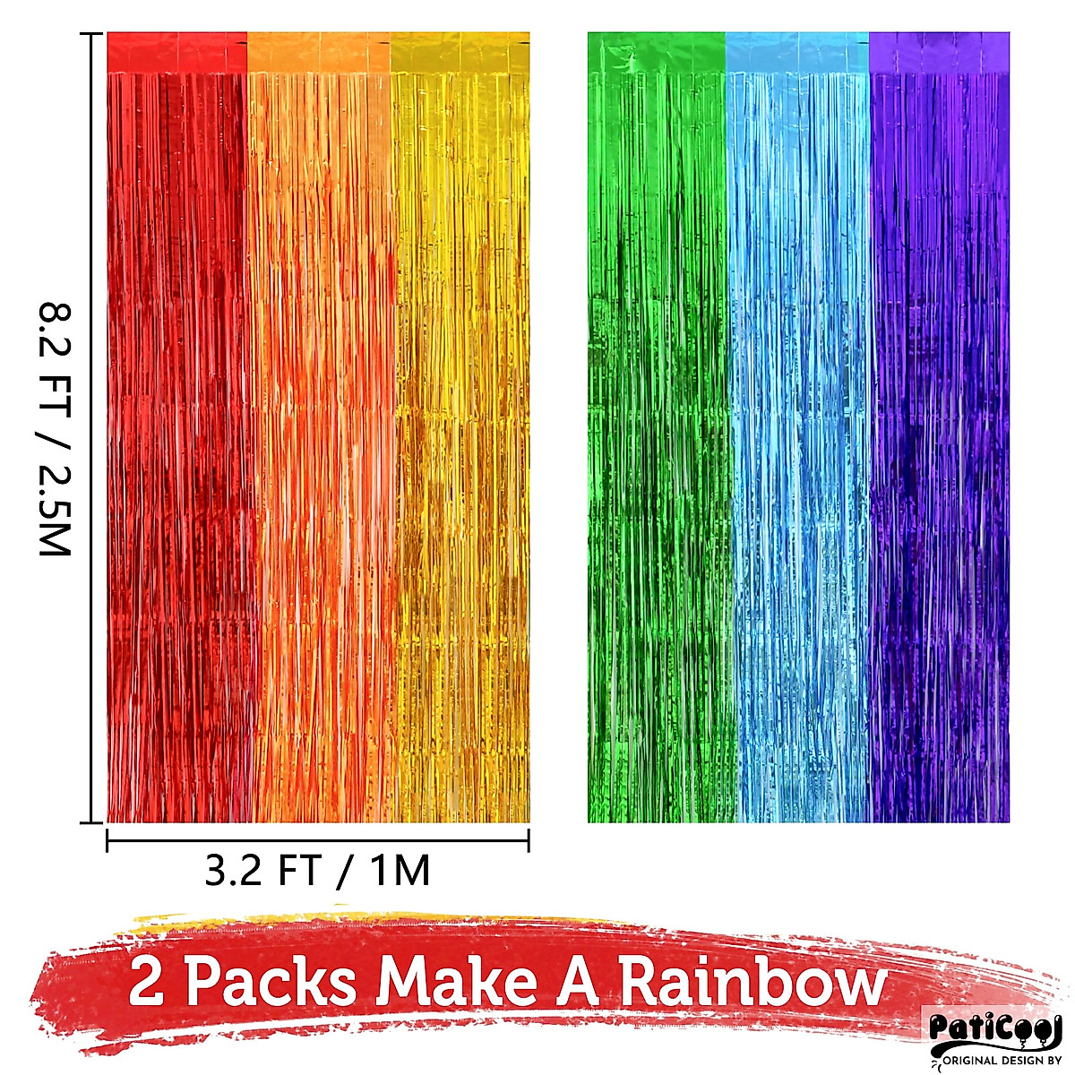 PatiCool Rainbow Tinsel Foil Fringe Curtain Backdrop - Thicken 4 Pack 3.2 x 8.2 Ft - Glitter Rainbow Door Streamers Party Backdrop Decorations for Birthday, Baby Shower, Fiesta, Mexican, Pride Party
