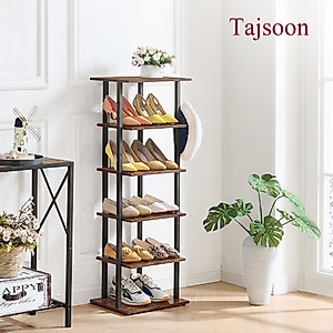 Tajsoon 6 Tier Tall Narrow Shoe Rack Organizer with 2 Hooks, Vertical Shoe Rack for Small Spaces, Shoe Shelf for 10-12 Pairs of Shoes, Small Shoe Rack for Closet, Entryway, Living Room, Bedroom