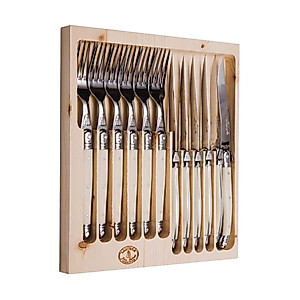 Jean Dubost Laguiole 12-Piece Flatware Set, Ivory Handles - Rust-Resistant Stainless Steel - Includes Wooden Tray - Made in France