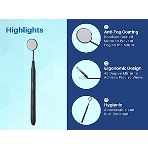 Dental Mirror Stainless Steel Matte Black, Set of 5 Dental Mirrors Front Surface Rhodium Plasma Coated for General and Laser Dentist European Style Threading by ARTMAN Brand