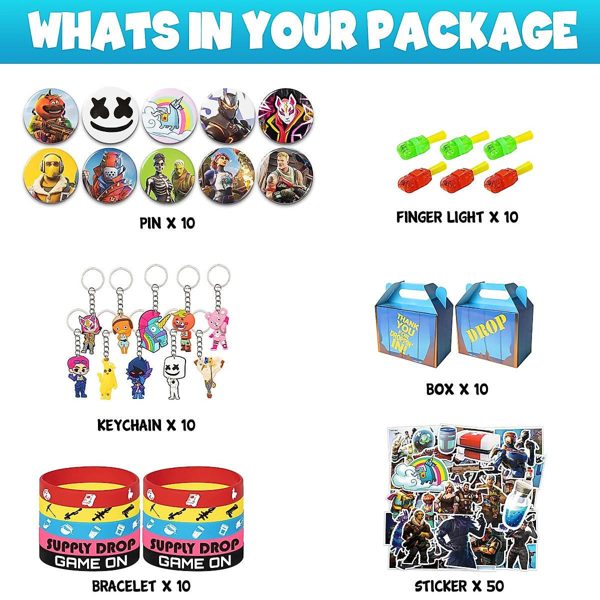 Game Party Supplies for Kids, 100 Pcs Party Favors - Bracelet, Gift Box, Button Pins, Key Chain, Stickers, Finger Light for Kids Themed Party