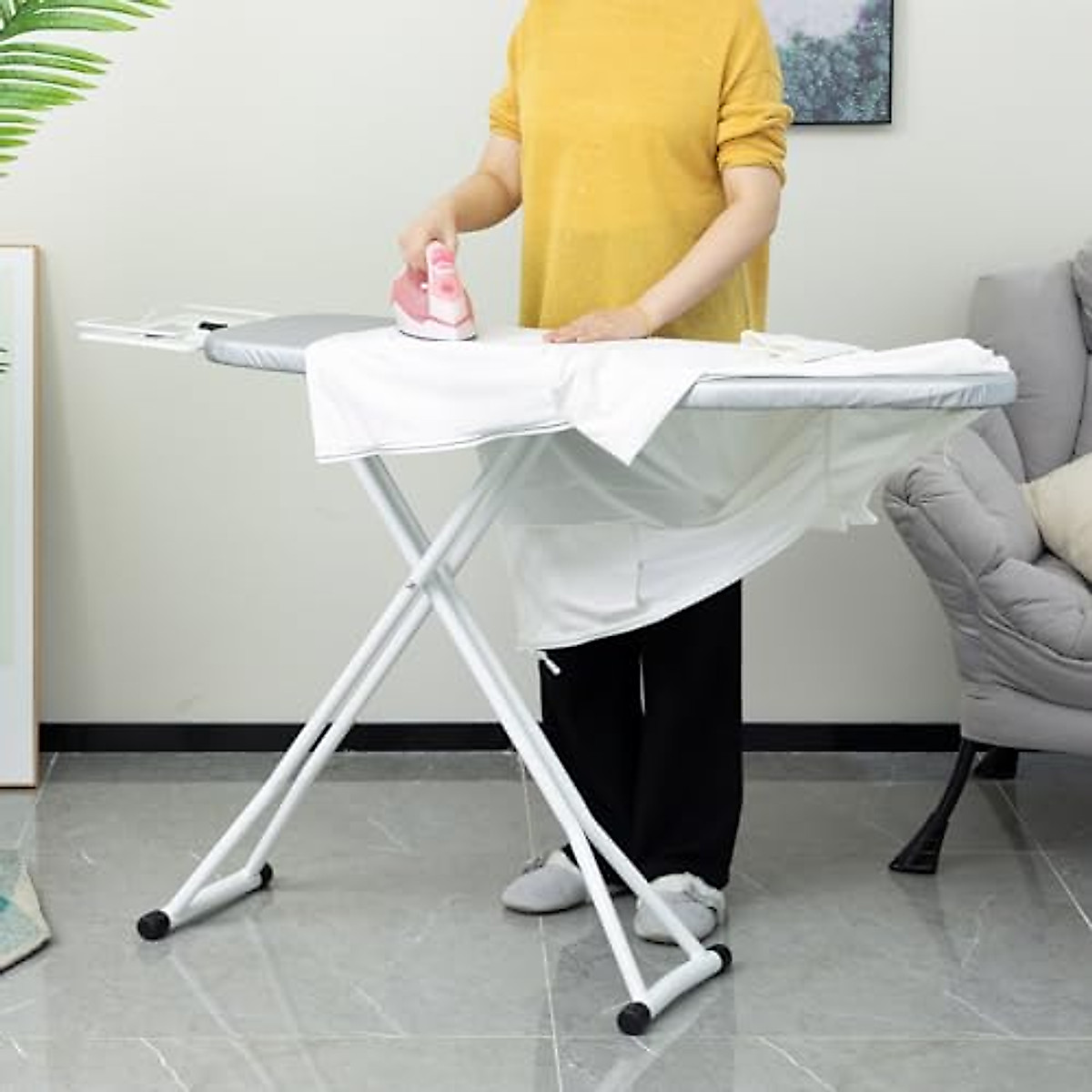 ALIMORDEN Space Saver Ironing Board 43" X 13" with Iron Frame Adjustable Height 28"-35" Easy Storage, Heat Resistant Silicone Tray, Padded Top Grey