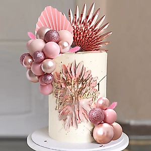 38 PCS Balls Cake Toppers Palm Leaves Cake Decorations for Birthday Wedding Baby Shower Party Supplies Mother's Day (Rose Gold)