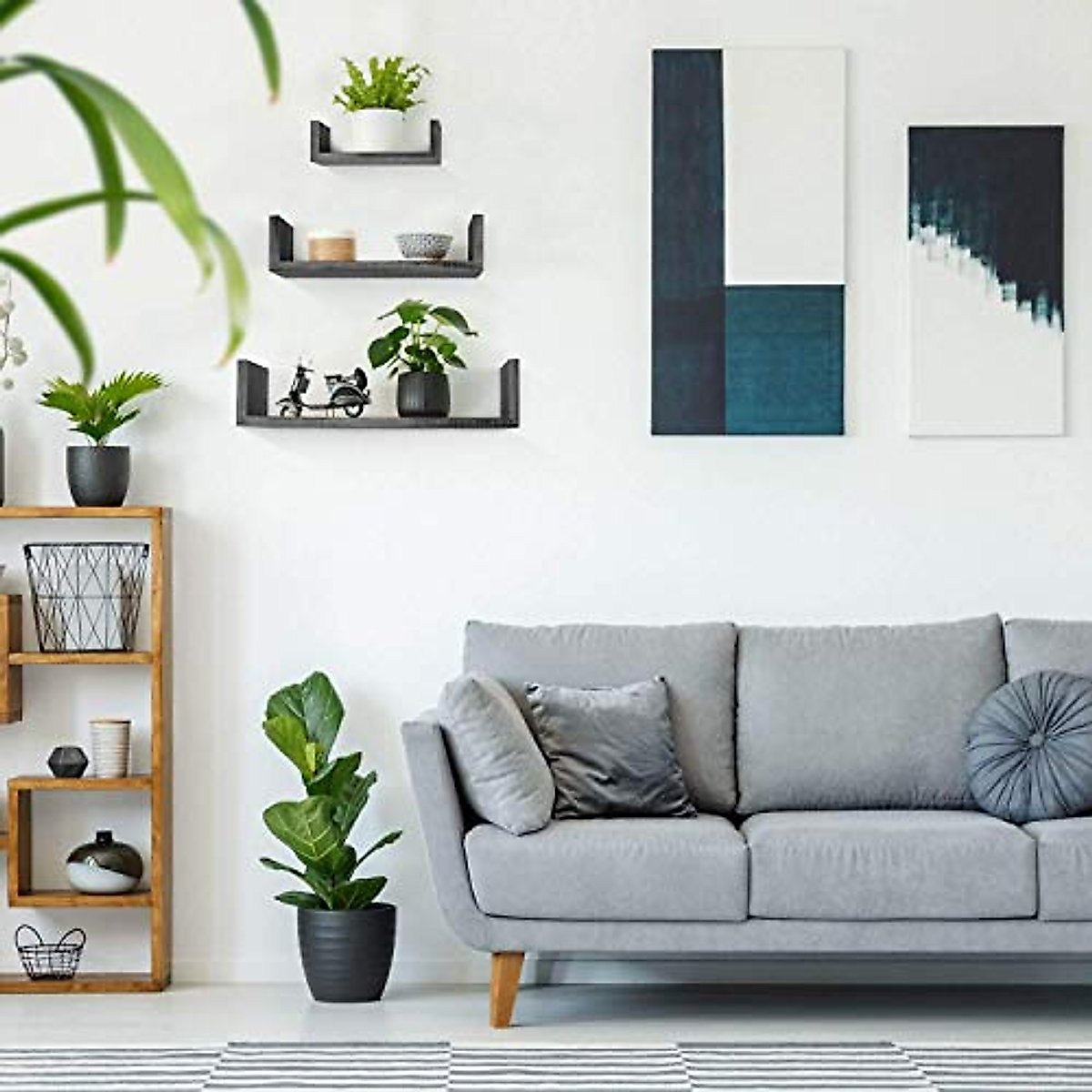 Under.Stated Floating Shelves U Shaped, Rustic MDF with PVC Wall Mounted Display Rack, Multi-Purpose Hanging Shelves Set of 3 (Rustic Grey)
