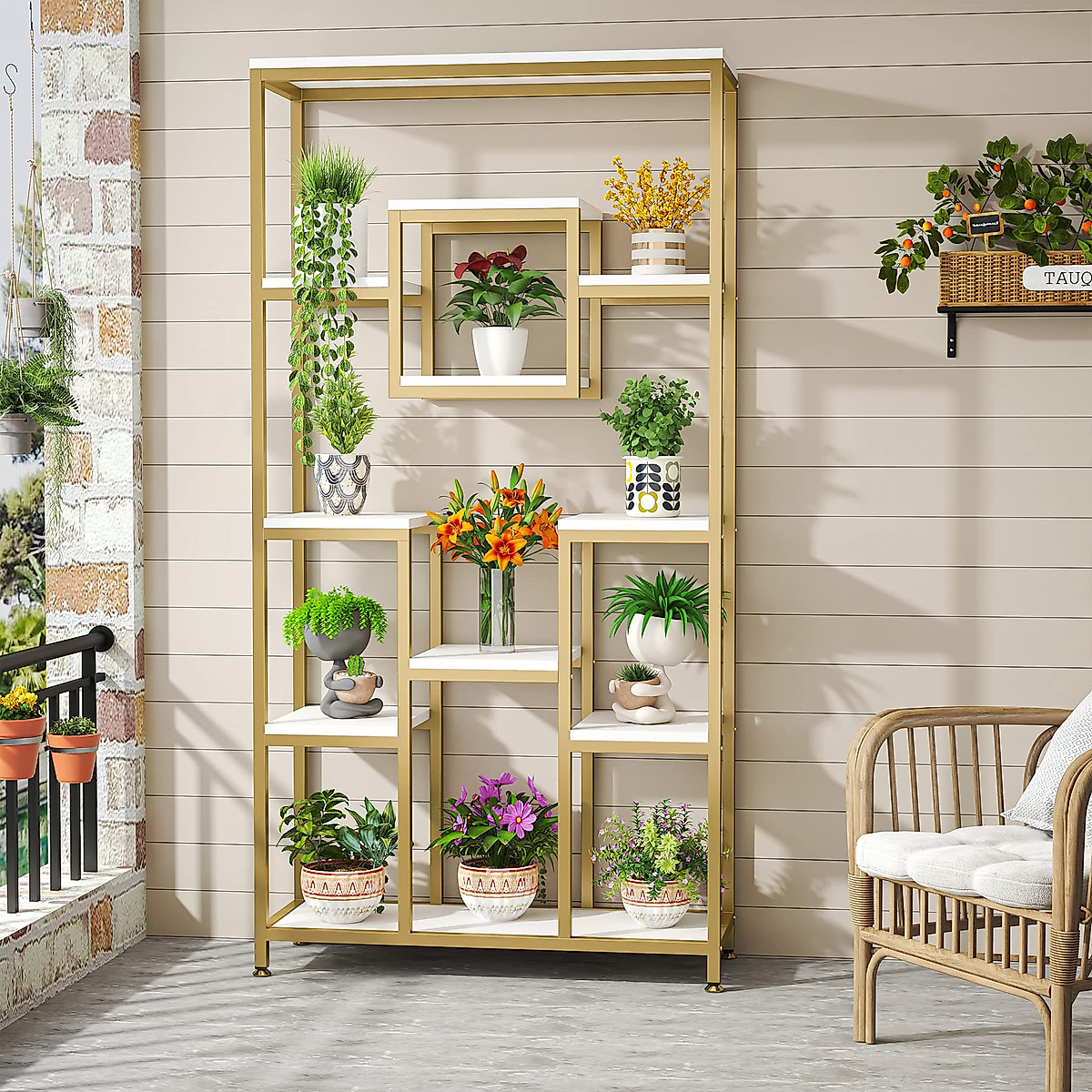 Tribesigns Bookcases and Bookshelves, 71” Tall Bookshelf with Metal Frame, Freestanding Geometric Bookcase with Open Display Shelf for Living Room, Bedroom, Home Office, White and Gold