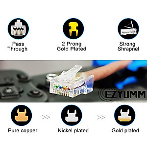 EZYUMM 100 Pieces RJ45 Cat6a Pass Through Connectors Gold Plated Cat 6a Bold Connector for Thick 23 AWG Cables