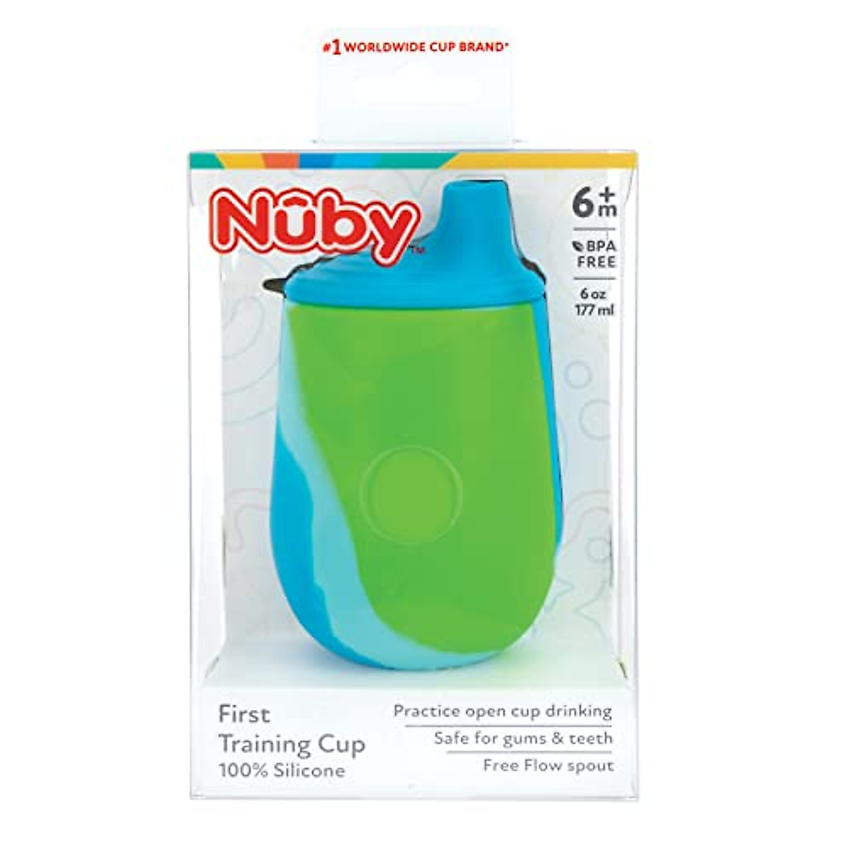 Nuby Silicone Tie-dye First Training Cup with Free Flow Soft Spout - 6oz, 6+ Months, Blue/Green
