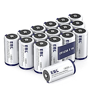 CR123A Battery, EBL 3V CR123A Lithium Batteries 1600mAh High Performance123 Battery for Cameras Flashlight Security System, 16 Pack