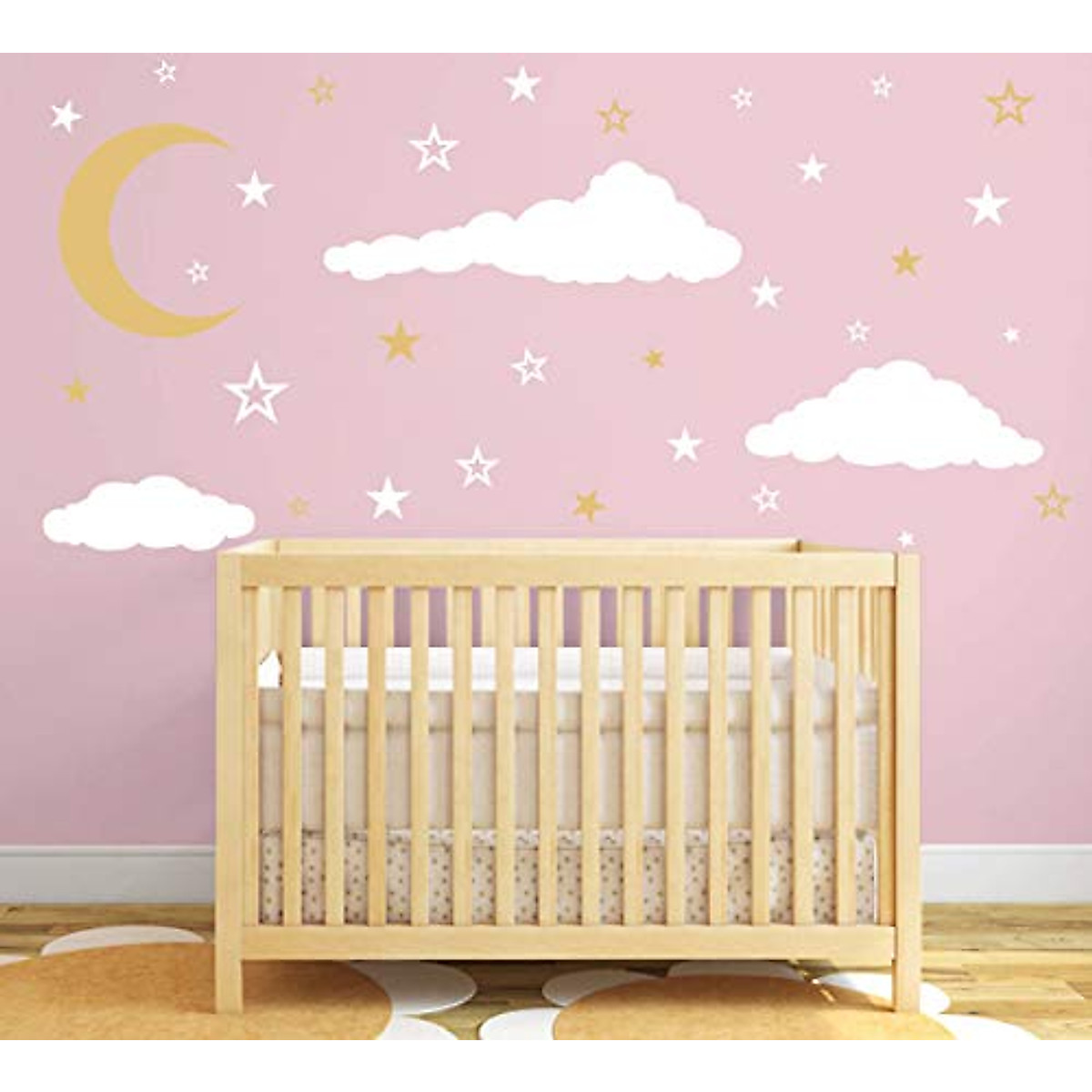 Moon, Stars and Clouds Wall Decals, Kids Wall Decoration, Nursery Wall Decal, Wall Decal for Nursery, Vinyl Wall Stickers for Children Baby Kids Boys Girls Bedroom Y08 (White,Gold)