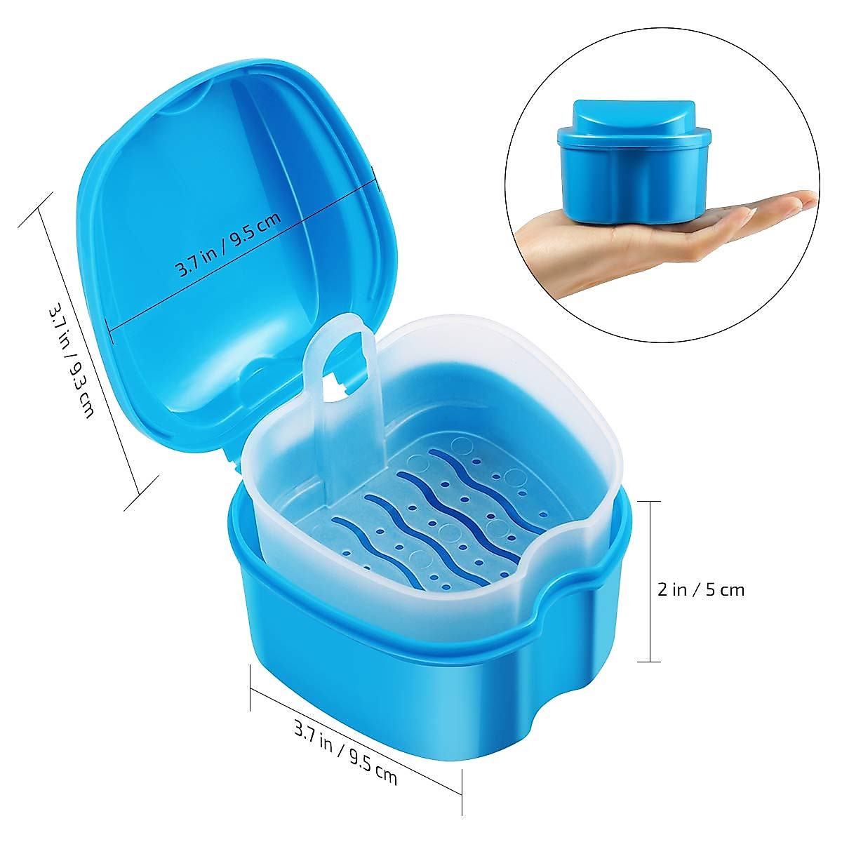 Denture Case Denture Bath Box Case Dental Orthodontic Retainer False Teeth Storage Case Box with Strainer denture cups for soaking dentures (Blue)