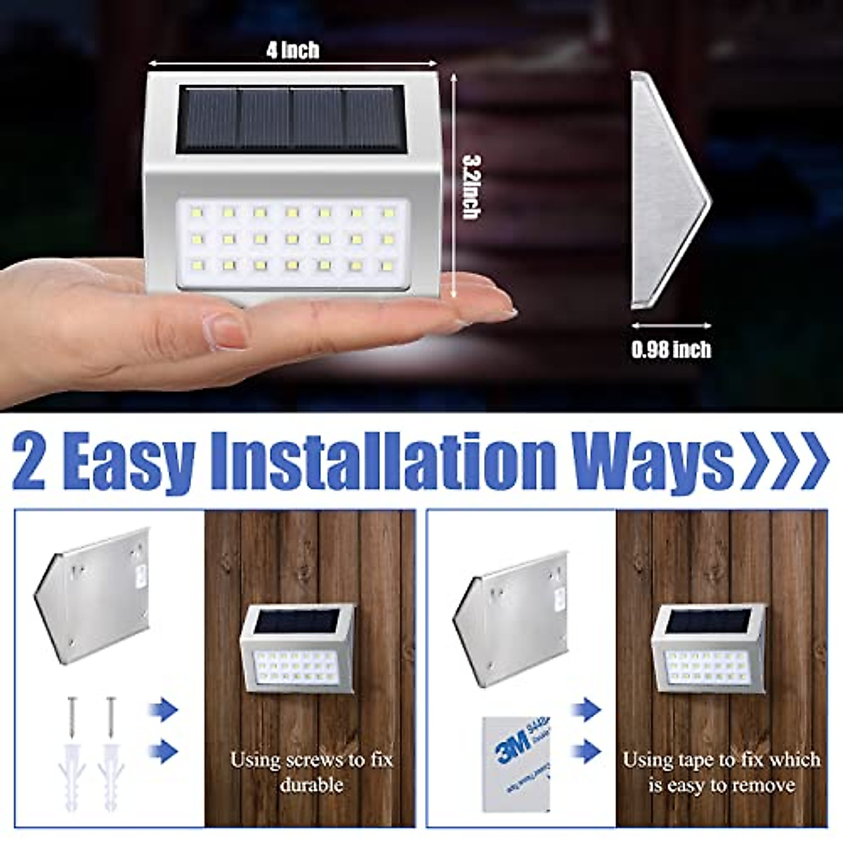 18 Pcs Solar Deck Lights Waterproof Outdoor Fence Lights 21 LED Solar Powered Step Lights Stainless Steel Stairs Lamps for Garden Pathway Backyard Patio Yard Stair Wall Railing Lighting (White)