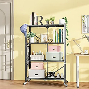 4-tier Storage Shelves for Storage,foldable Collapsible Metal Shelving with Rotational Wheels, Standing Storage Unit Utility Shelf Racks Rolling Cart for Laundry Bathroom Kitchen Pantry Closet, Grey