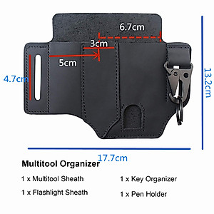 Pocket Organizer Pouch EDC Leather Sheath for Belt for 5 inch Knives Tactical Flashlights Key Fob Tools (Black)
