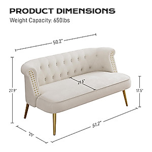 Nolohoo Loveseat Chesterfield Sofa with Gold Legs, Velvet Tufted Vintage Victorian Sofa 2 Seater Curved Mini Couch Rolled Arms, Comfy Love seat for Living Room, Bedroom, Cream White