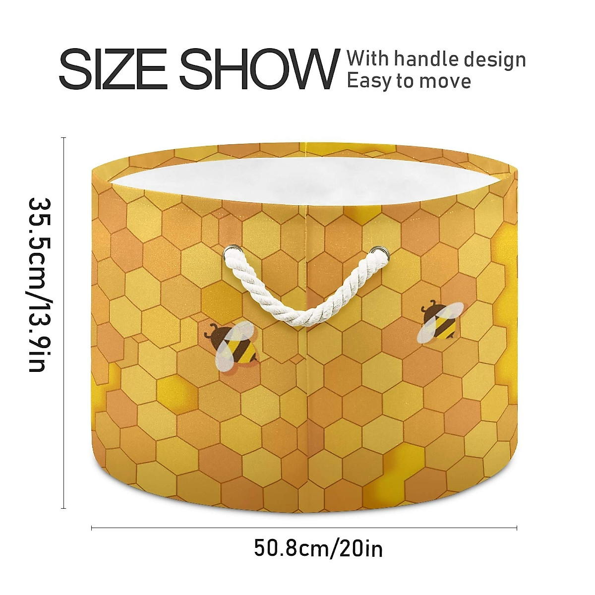 Large Round Storage Basket - Honey Bee Yellow Canvas Laundry Hamper Toy Storage Bin for Kid’s Living Room