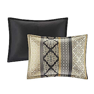 Madison Park Essentials Windsor 24-Piece Room in A Bag Comforter Set-Satin Jacquard All Season Luxury Bedding, Sheets, Decorative Pillows and Curtains, Valance, Queen (90 in x 90 in), Black/Gold